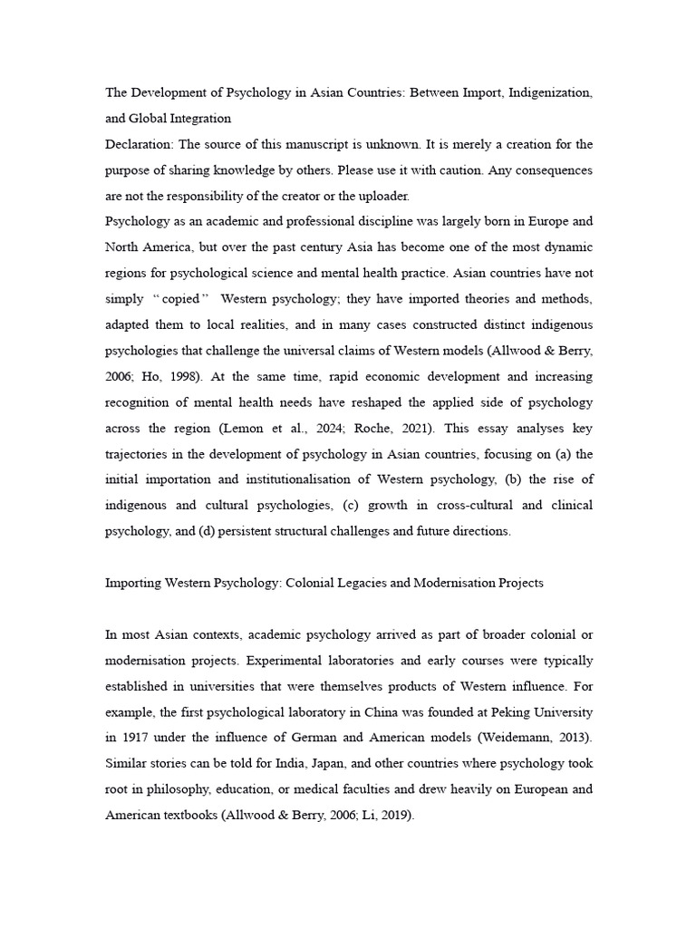 The Development of Psychology in Asian Countries: Between Import ...