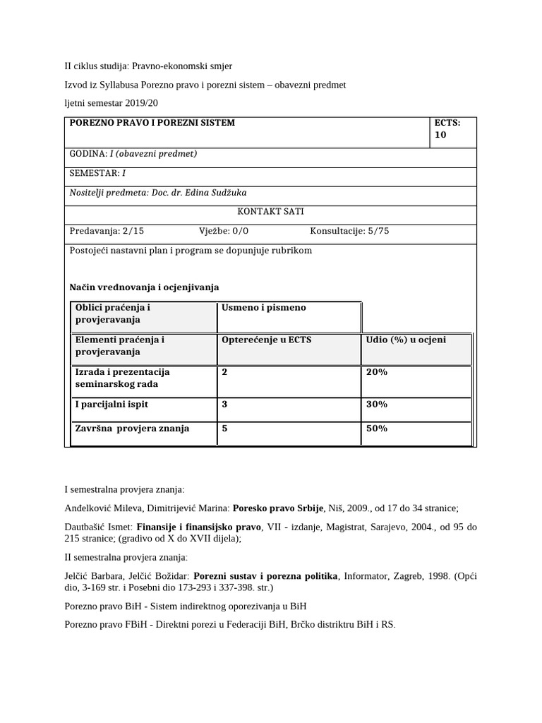 Izvod Iz Sylabusa Porezno Pravo I Porezni Sistem II Ciklus Studija 20 | PDF