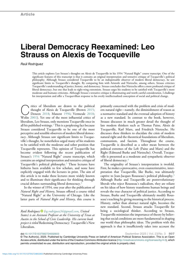 Raúl Rodríguez: Liberal Democracy Reexamined: Leo Strauss On Alexis de ...