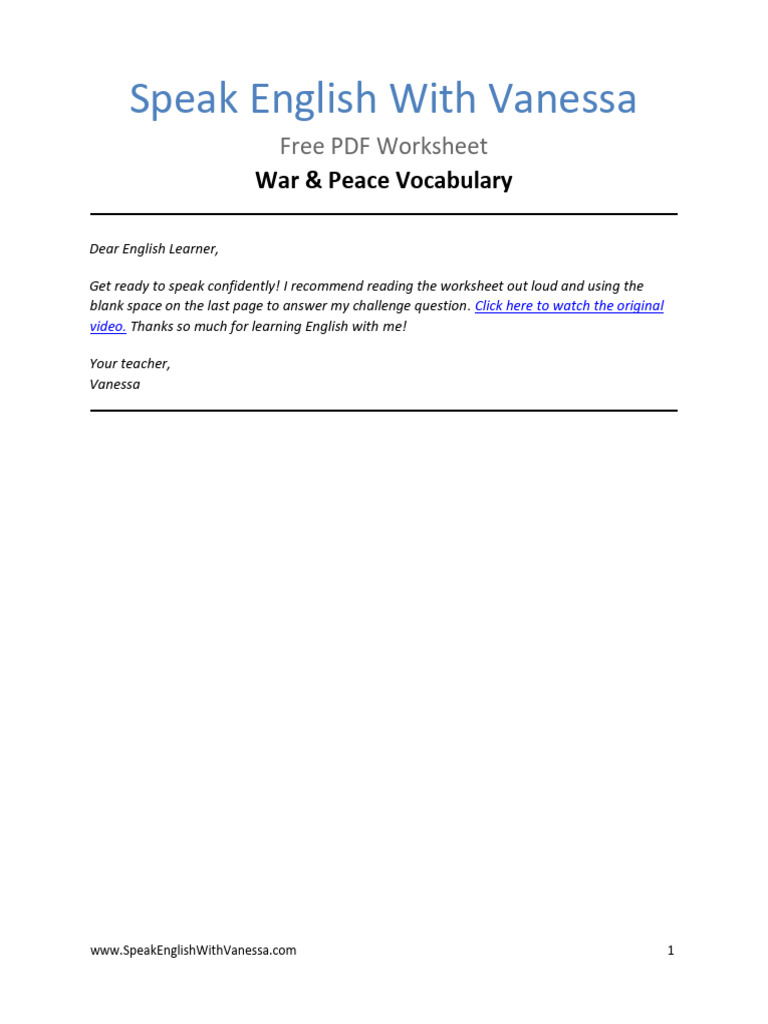 War & Peace Vocabulary Worksheet | PDF | Propaganda | Anxiety