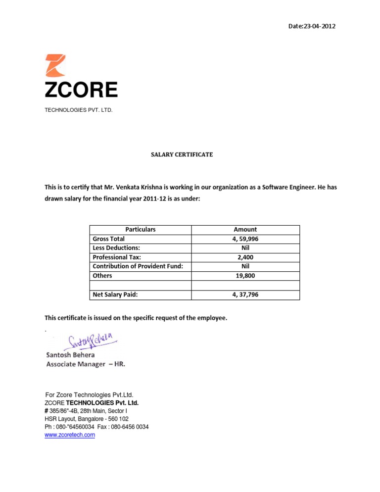 Salary Certificate Break Up