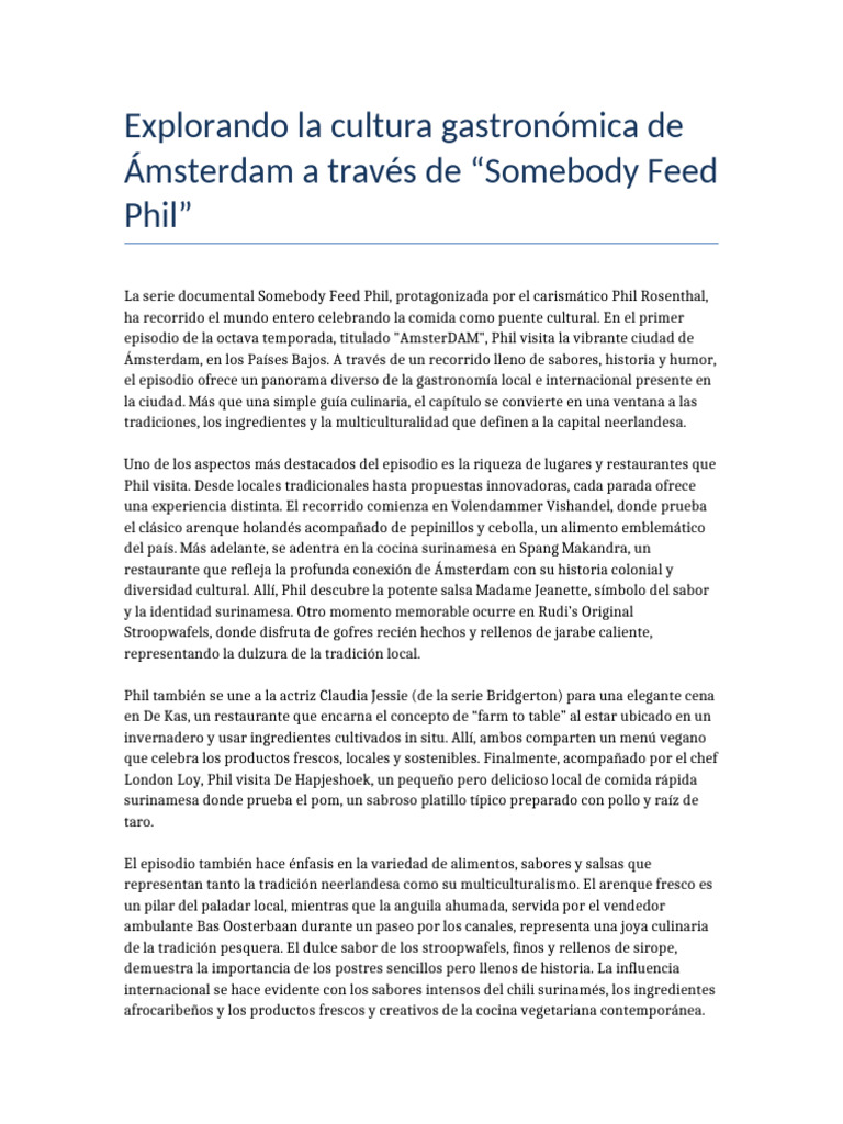 Resumen Somebody Feed Phil Amsterdam | PDF | Alimentos | Artes culinarias
