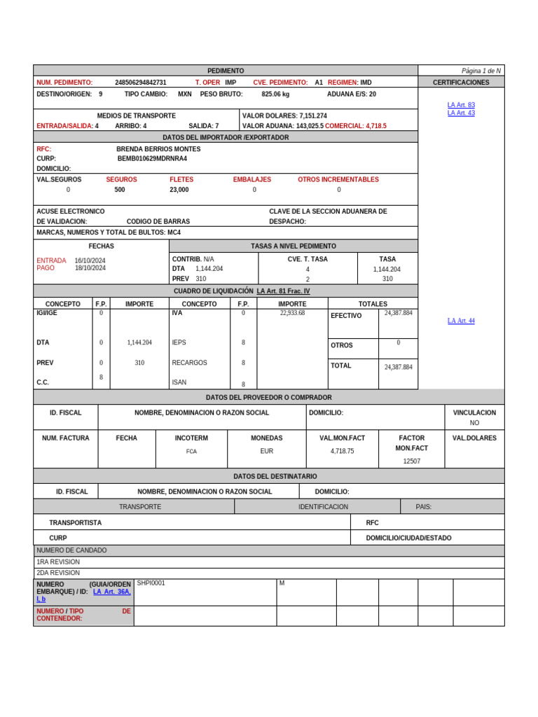 Pedimento Aduanero Detallado 24850629 | PDF | Comercio | Pagos