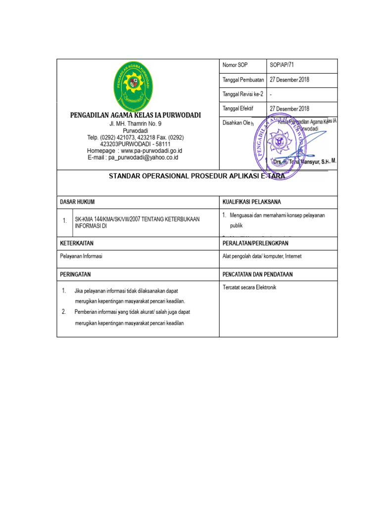 SOP Aplikasi E-Tara Pengadilan Agama | PDF
