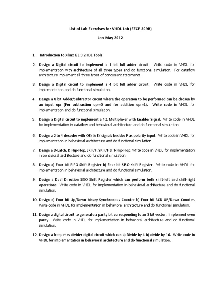 List of Lab Exercises For VHDL Lab | PDF | Vhdl | Computer Architecture