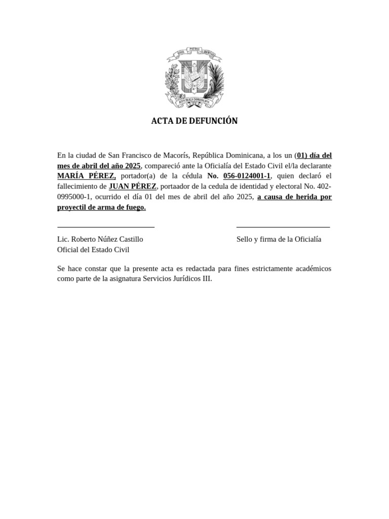 Acta Defuncion Servicios JuridicosIII | PDF