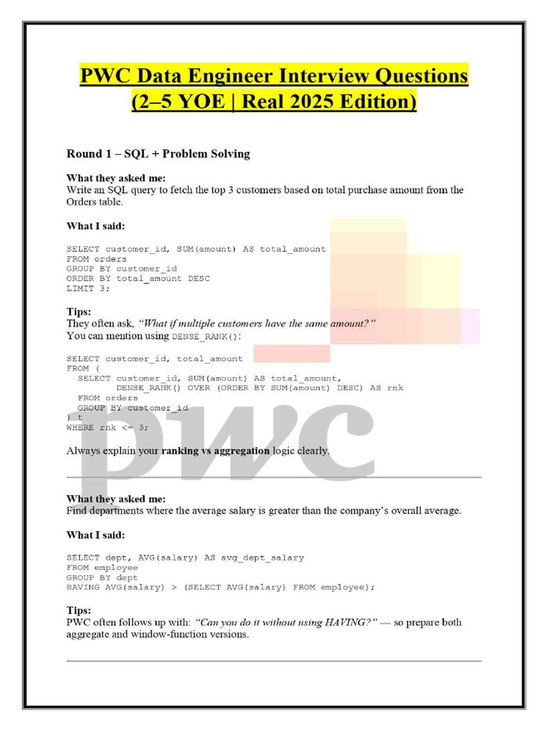 PWC Data Science Interview Questions | PDF