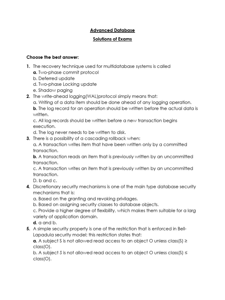 [Solutions of Exams 1]Advanced Database | PDF | Database Transaction | Operating System Technology
