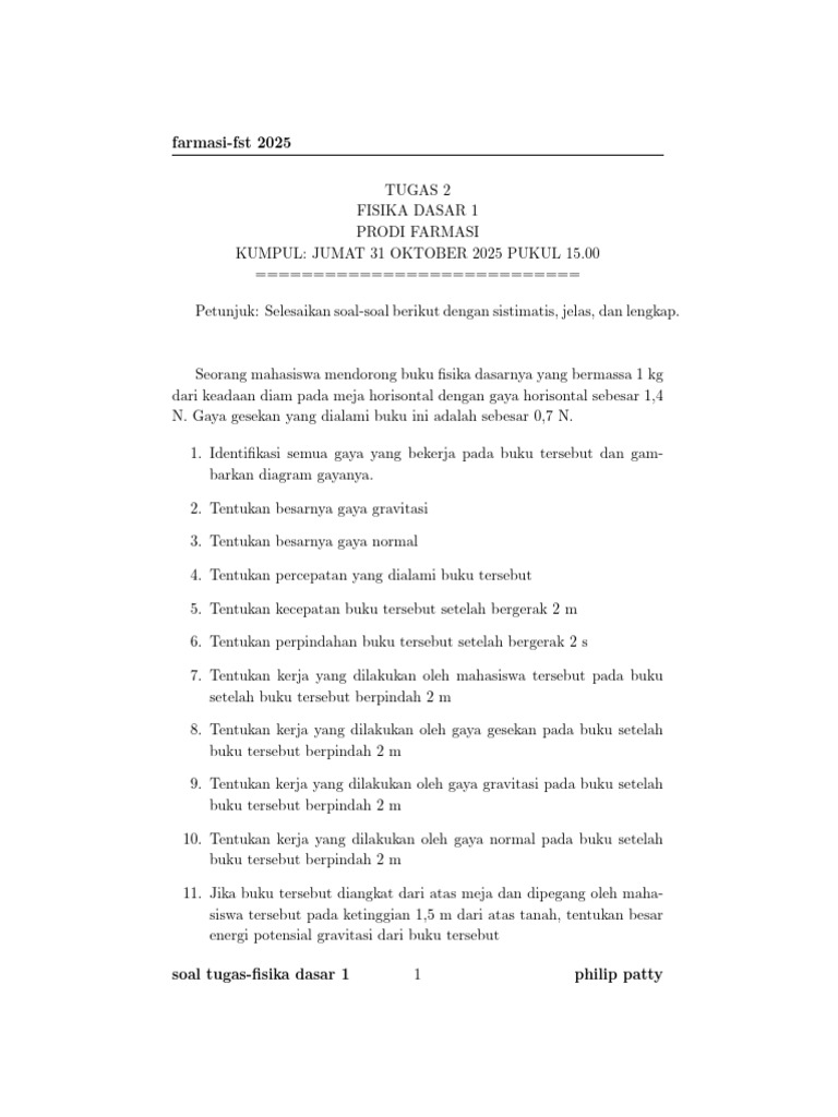 Soal Tugas-2 Fisika-1 Farmasi 2025 | PDF