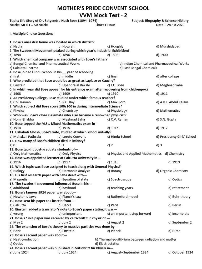 VVM Level 2 Mock Test Answer Key | PDF | Albert Einstein | Quantum ...