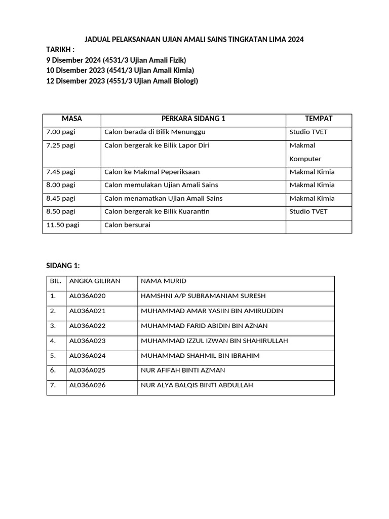 Jadual Pelaksanaan Ujian Amali Sains Bersepadu SPM 2024 | PDF