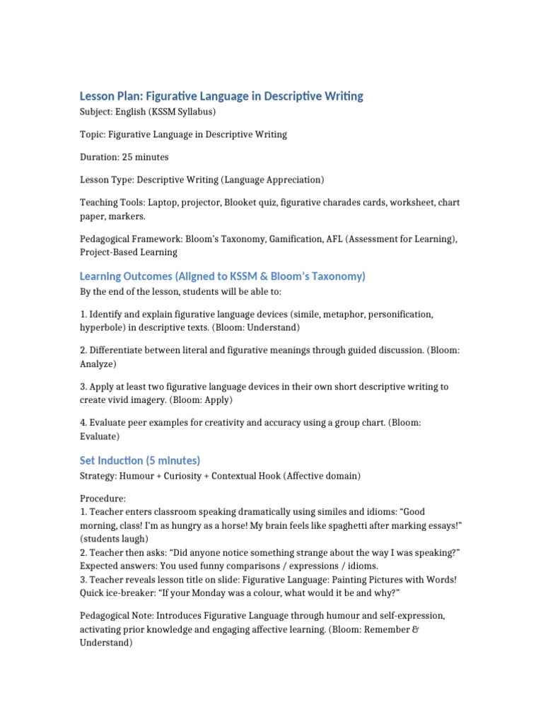 Figurative Language Lesson Plan Iva | PDF | Learning | Cognition