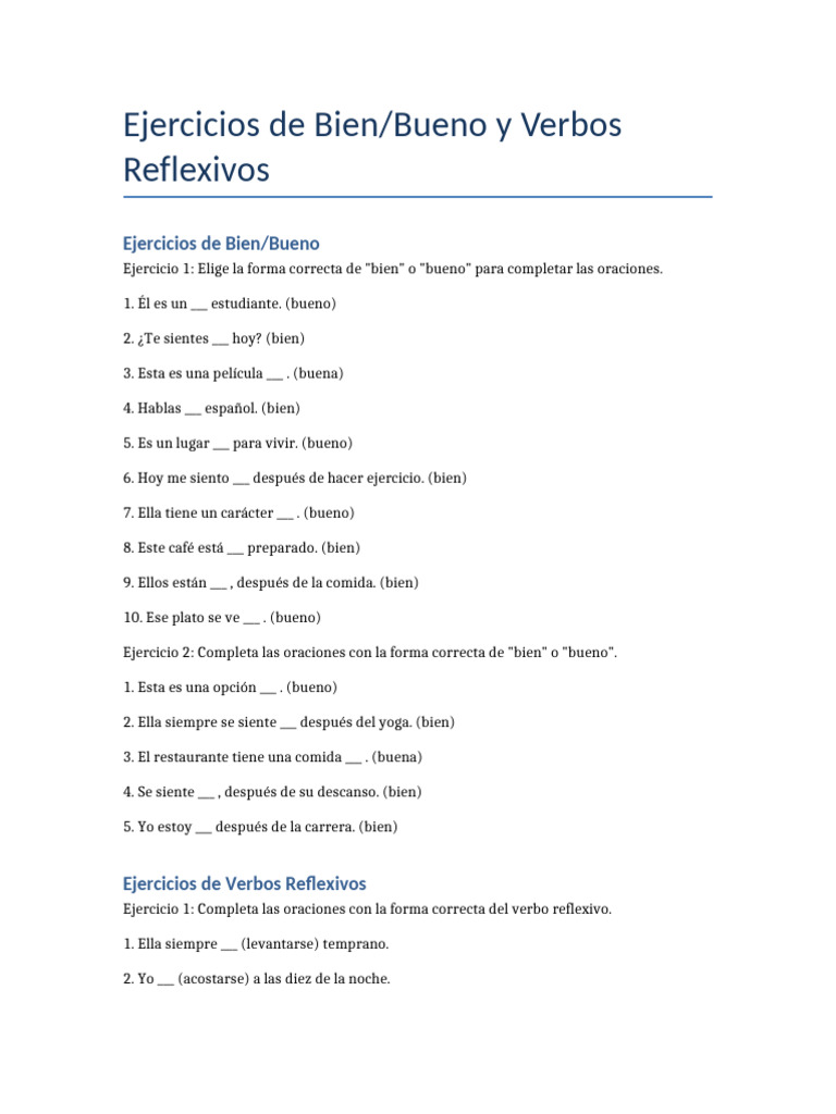 Ejercicios de Bien/Bueno y Reflexivos | PDF