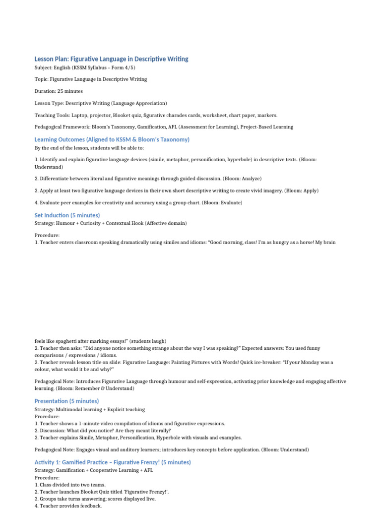 Figurative Language Lesson Plan Iva With Summary Table | PDF | Learning ...