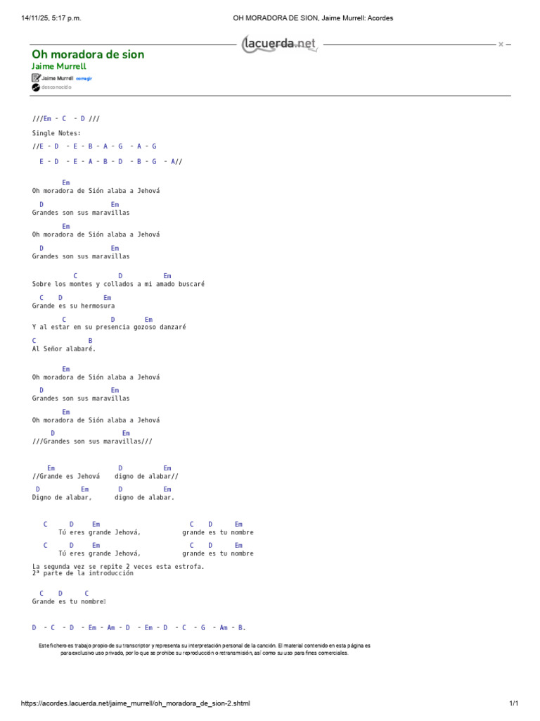 Oh Moradora de Sion, Jaime Murrell_ Acordes | PDF