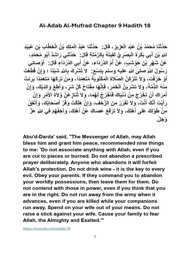 Al Adab Al Mufrad Chapter 9 Hadith 18 | PDF | Muhammad | Religious Faiths