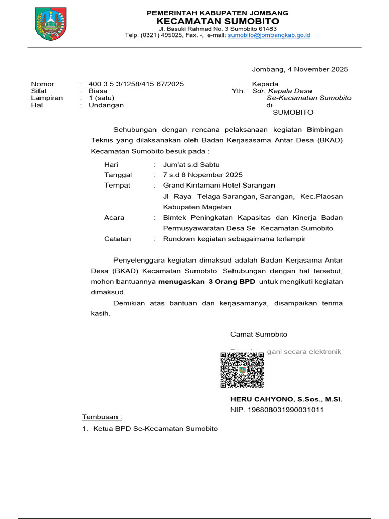 Undangan Bimtek BPD Sumobito 2025 | PDF