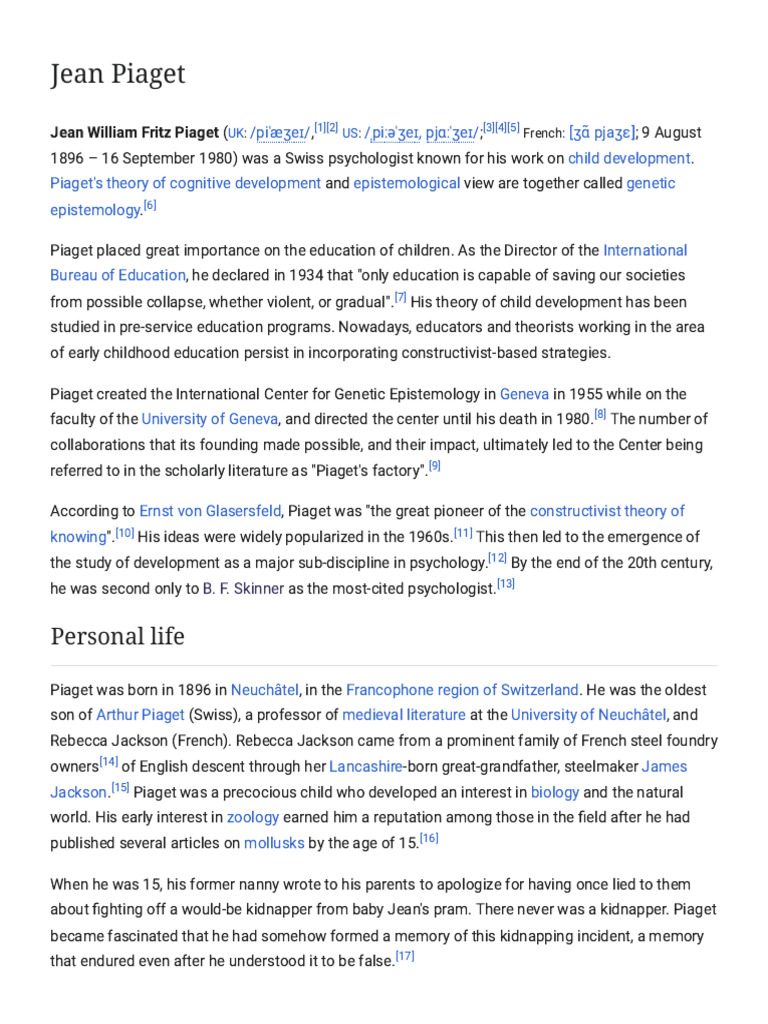 Jean Piaget - Wikipedia | PDF | Schema (Psychology) | Thought