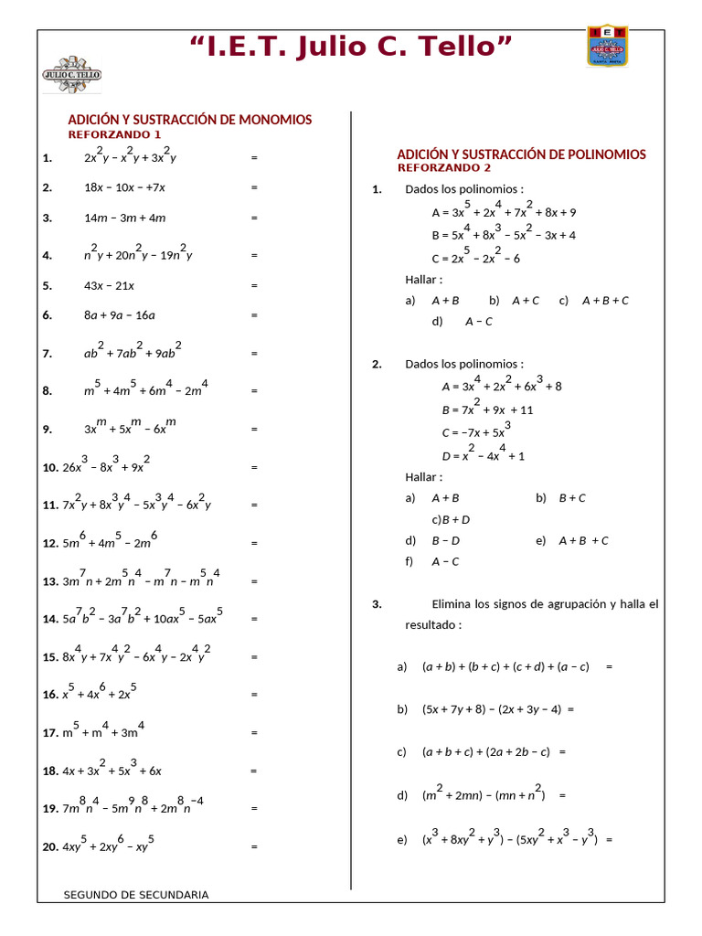 GUIA 4 OPERACIONES CON MONOMIOS Y POLINOMIOS | PDF