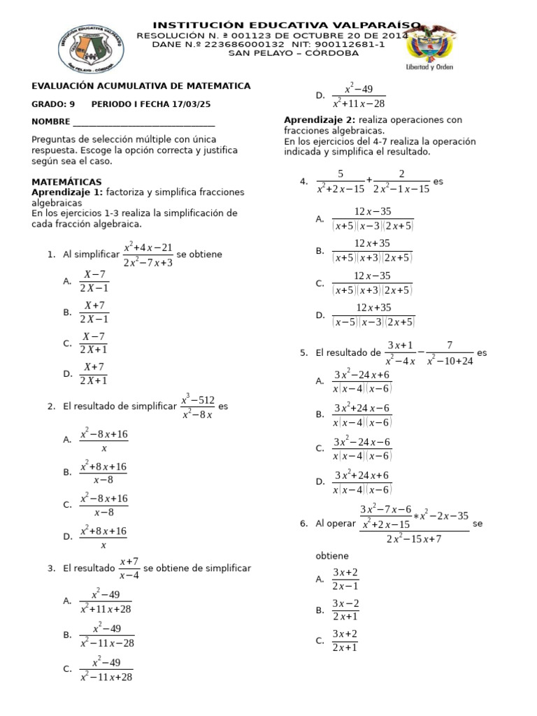 Acumulativa Matematica 9 Periodo I | PDF | Matemáticas