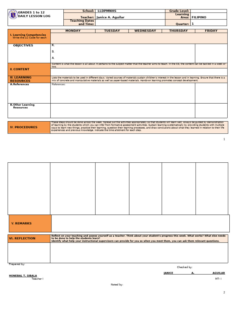 Log Plan Template | PDF | Teachers | Learning