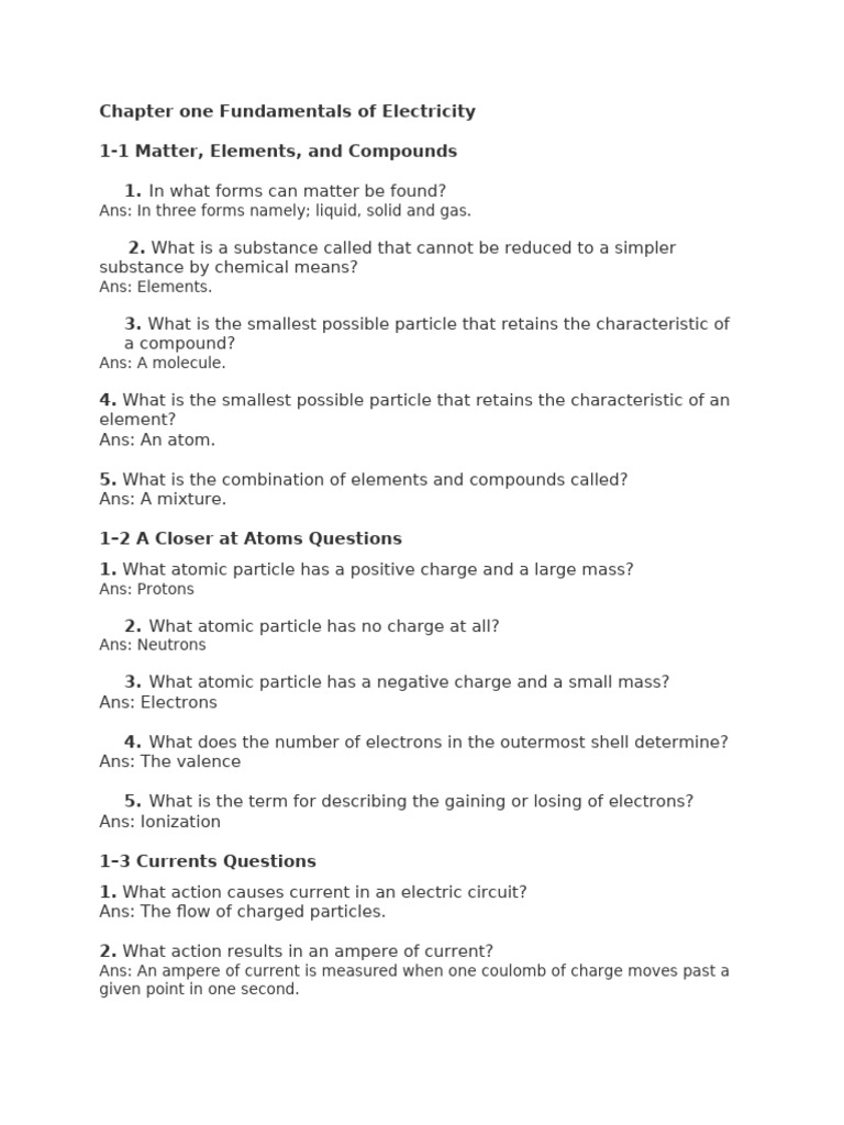 Chapter One Fundamentals of Electricity Review - Summary and Chapter ...