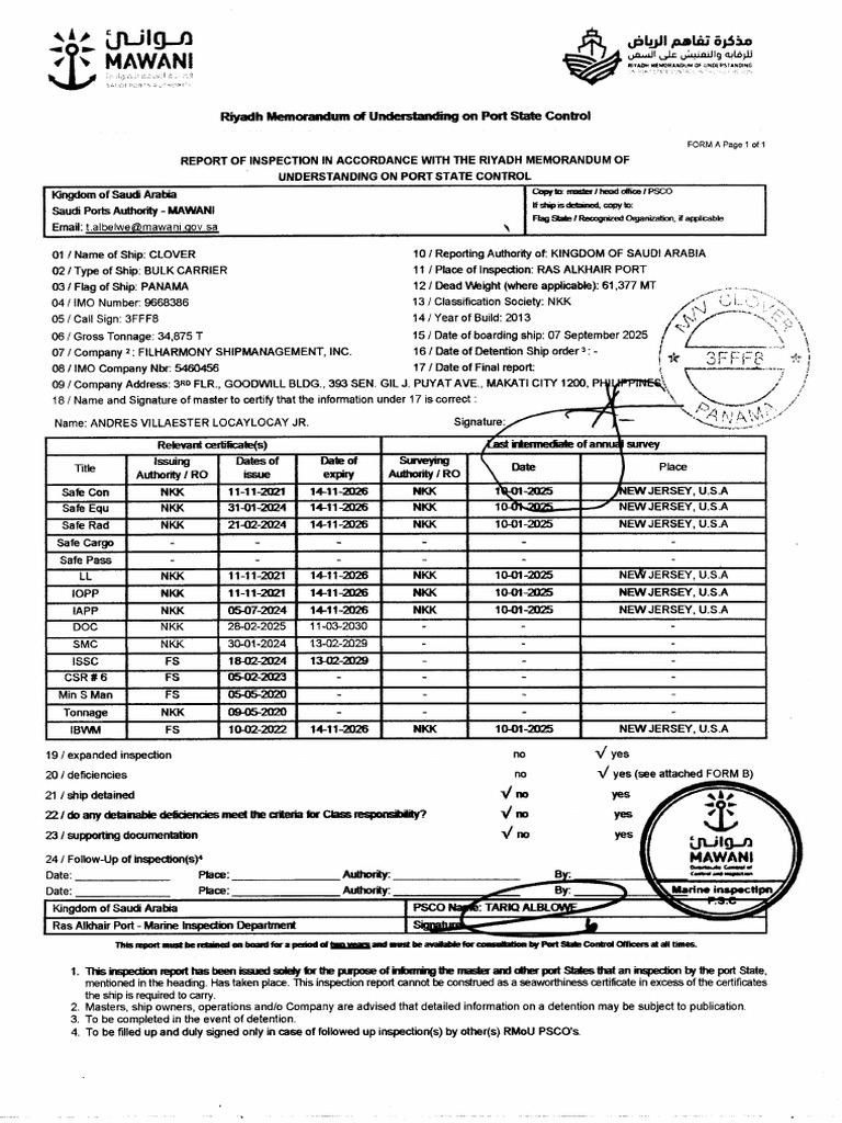 PSC Inspection Report & CIC - Ras Al Khair, Saudi Arabia | PDF