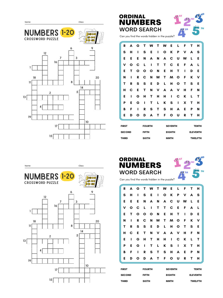 Numbers 1-20 Crossword Puzzle Worksheet in Black and Yellow Minimalist ...