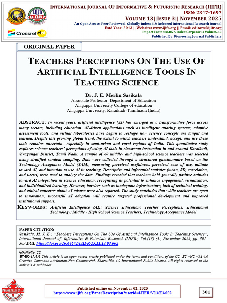 TEACHERS PERCEPTIONS ON THE USE OF ARTIFICIAL INTELLIGENCE TOOLS IN ...