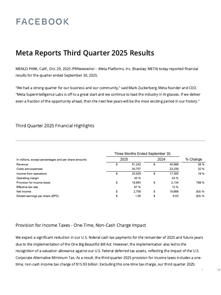 Meta Reports Third Quarter 2025 Results 2025 | PDF | Equity (Finance ...