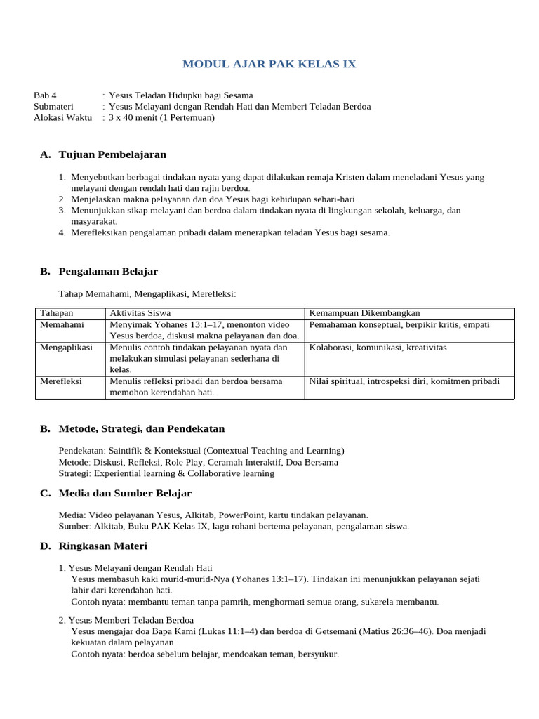 Modul Ajar PAK Kelas9 Bab4 Yesus Teladan Hidupku | PDF