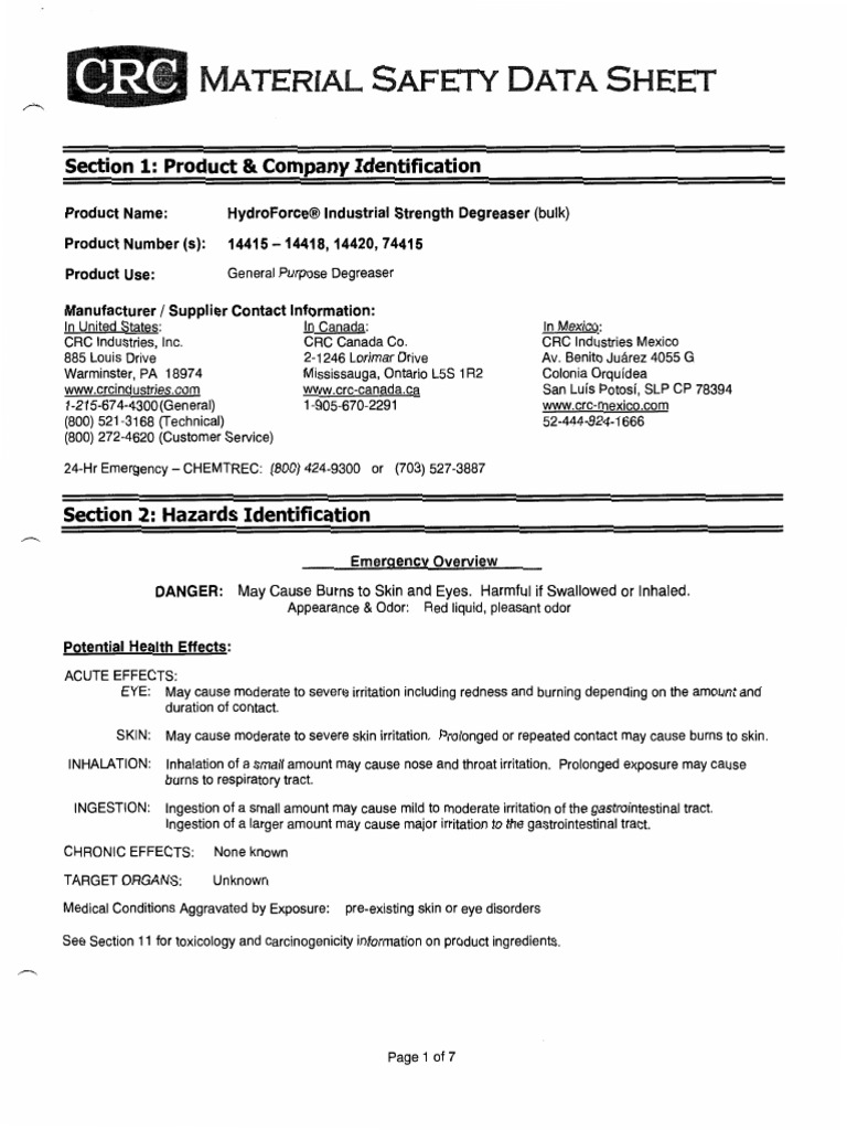 CRC Hydro Force Industrial Strength Degreaser (Bulk) | PDF | Superfund ...