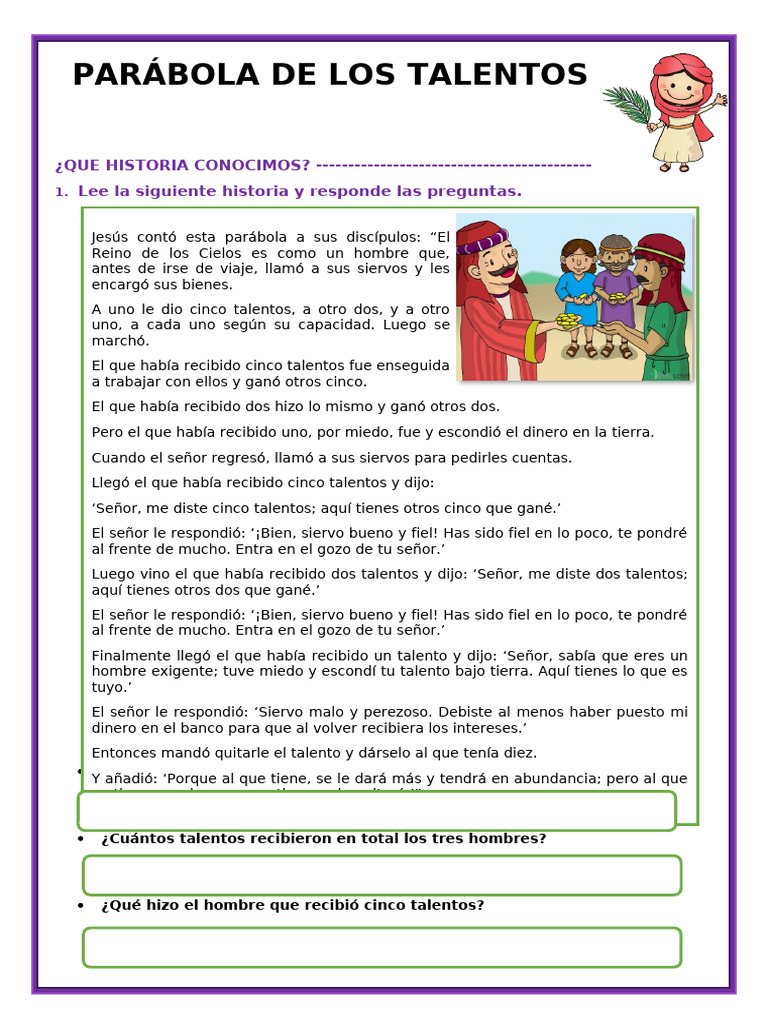 U7-Ficha-D3-Reli-Parábola de Los Talentos | PDF | Parábolas de Jesús ...