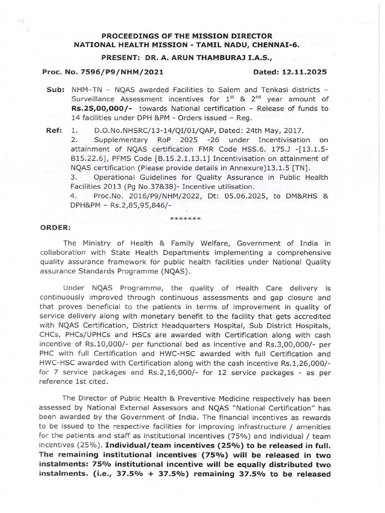 Proc No 7596 NQAS Awarded Facilities Incentive Rs 25,00,000 Salem | PDF
