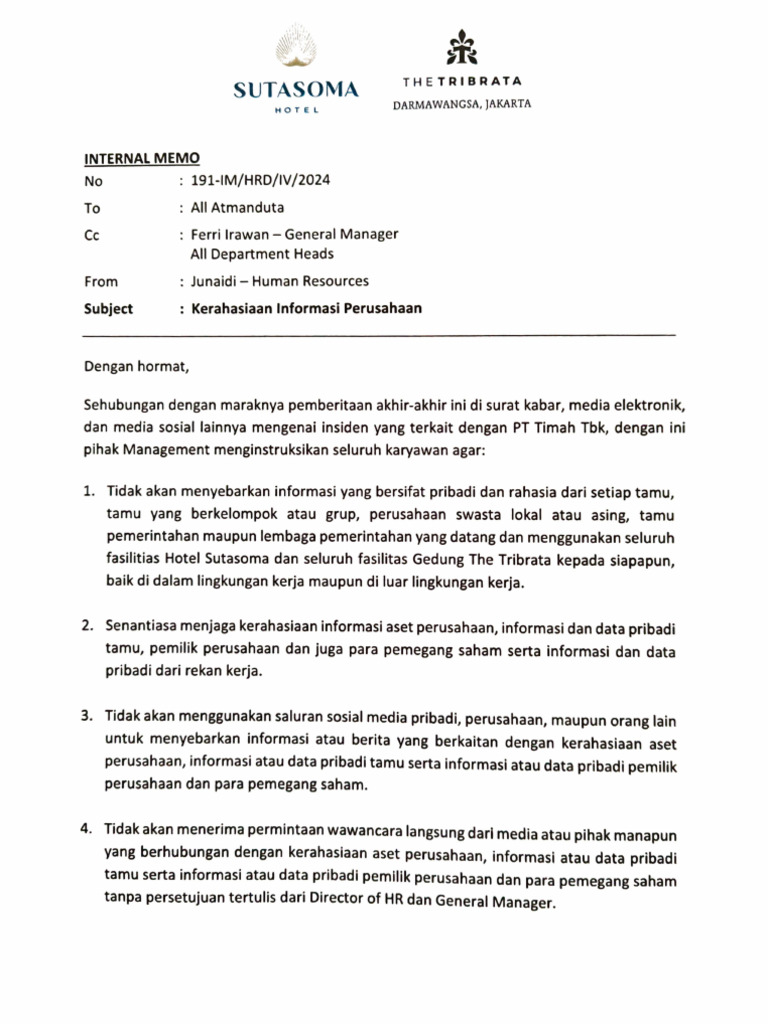 Internal Memo - Kerahasiaan Informasi Perusahaan | PDF