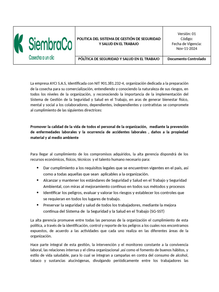 POLITICA SST AYCI_v2 | PDF | Valores | Acoso sexual