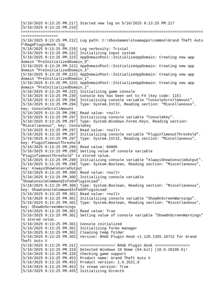RAGE Plugin Hook Initialization Log | PDF | Xml | Computing