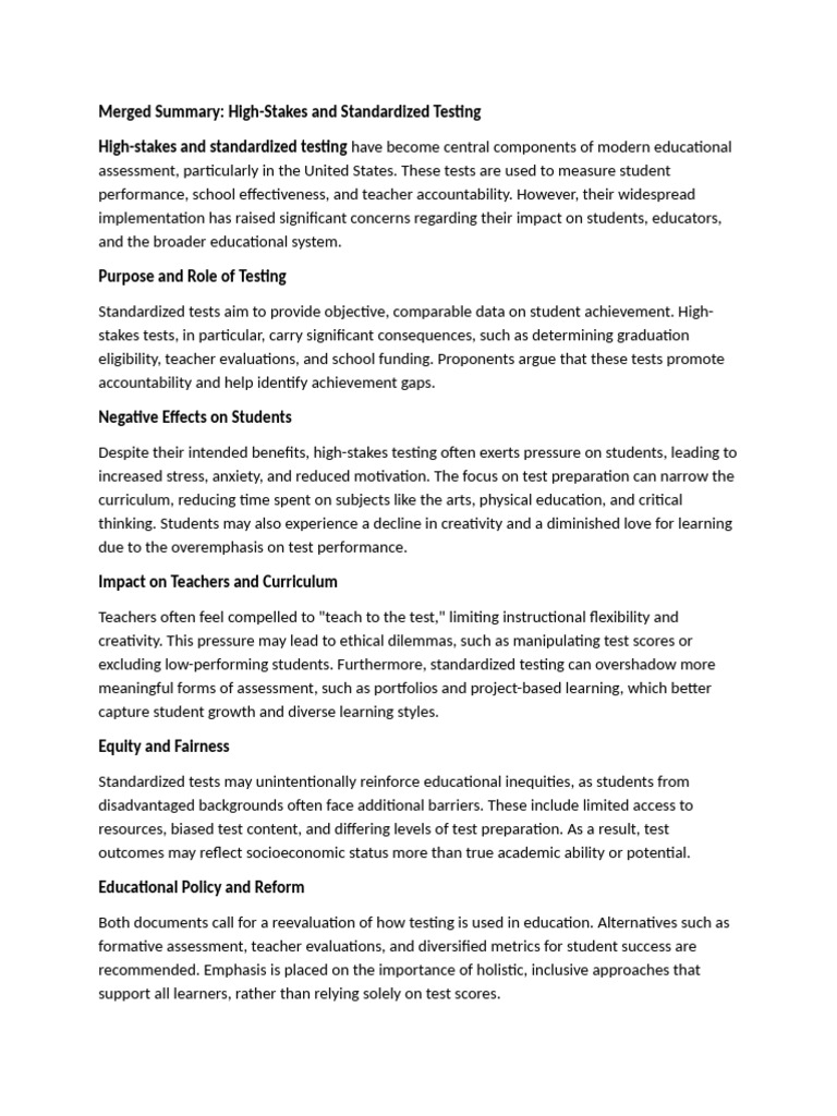 Summary High Stakes and Standarized Testing | PDF