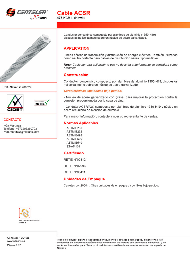 Cable ACSR 477 KCMIL Hawk: Especificaciones | PDF | Conductor electrico ...