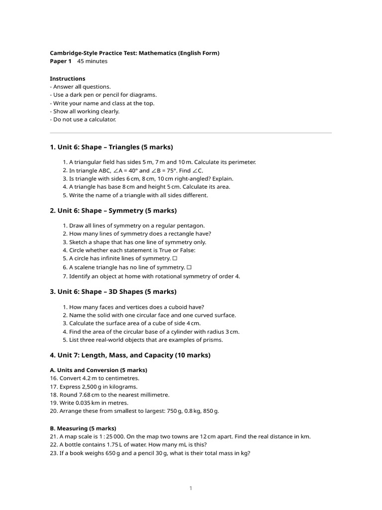 Maths English Practice Paper | PDF | Area | Shape