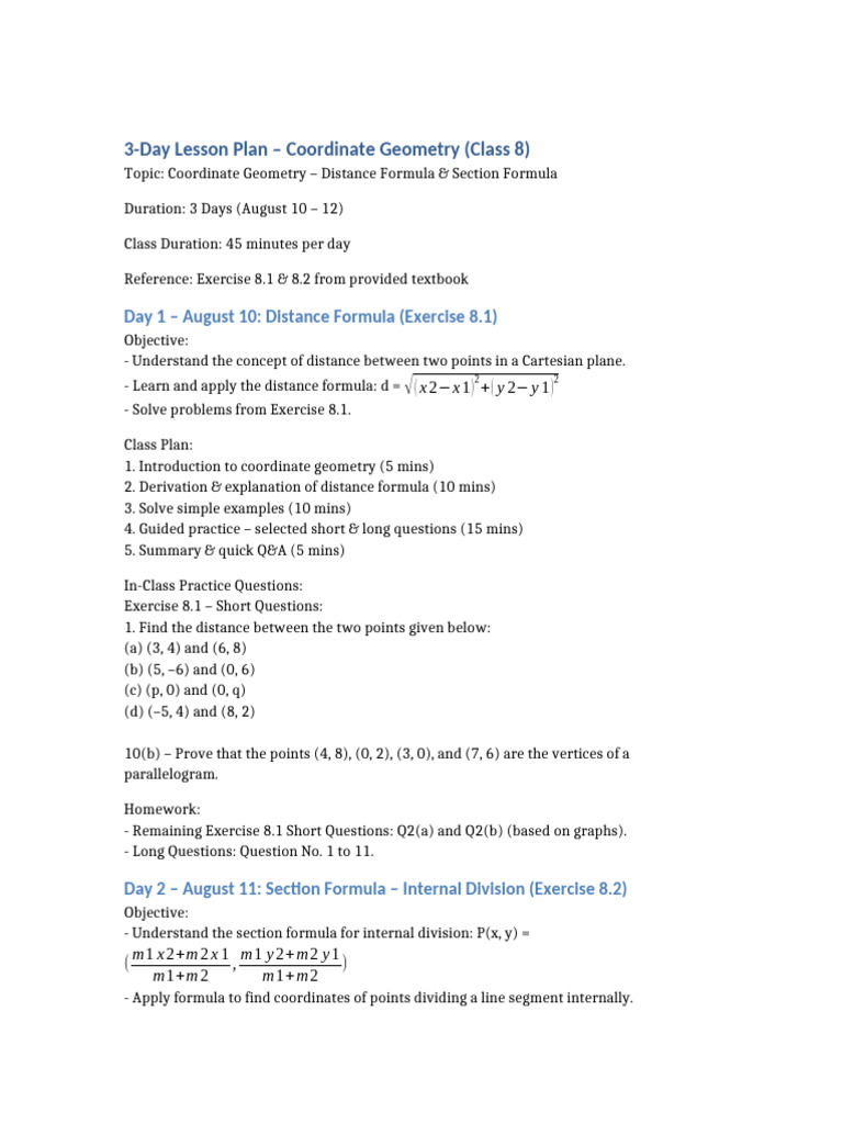 3-Day Coordinate Geometry Lesson Plan | PDF | Analytic Geometry ...