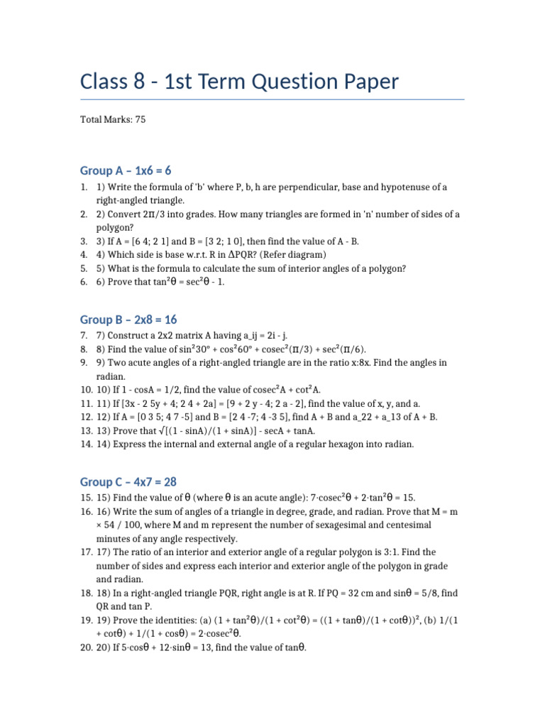 Class 8 Math 1st Term Question Paper | PDF