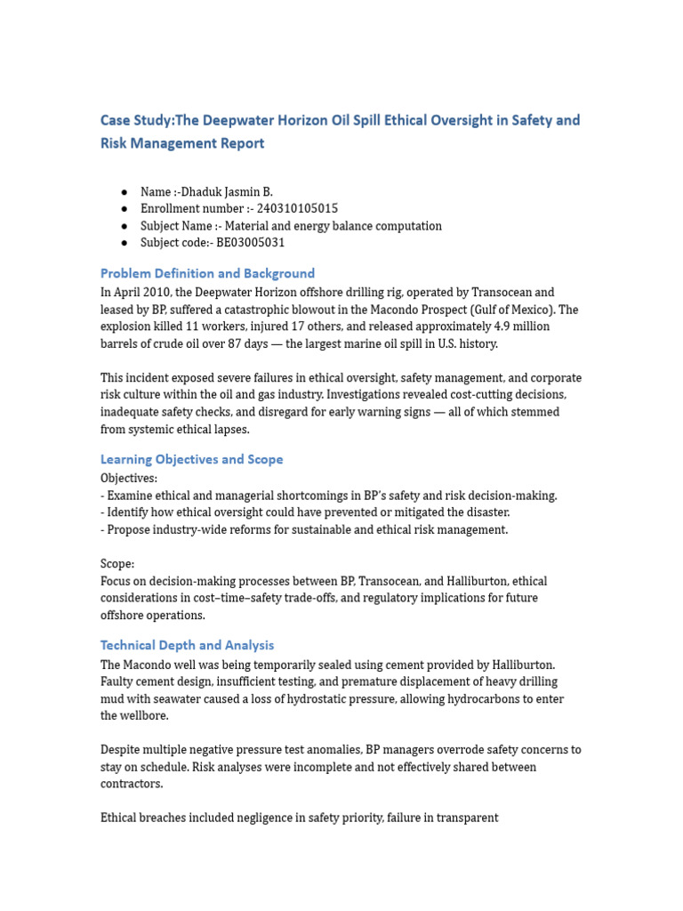 Deepwater Horizon Case Study PDF | PDF | Deepwater Horizon | Bp