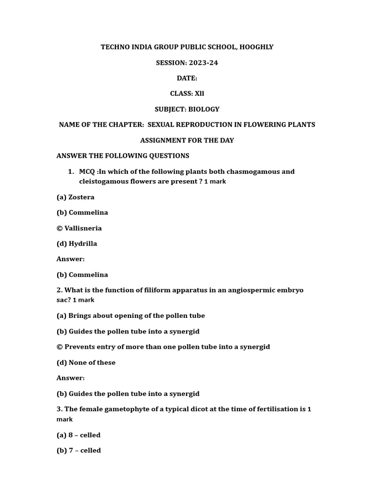 12 Assignment (1) 23-24 Biology | PDF | Biology | Flowers