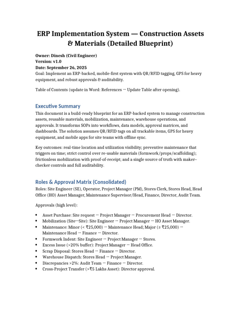 ERP Blueprint for Construction Assets | PDF
