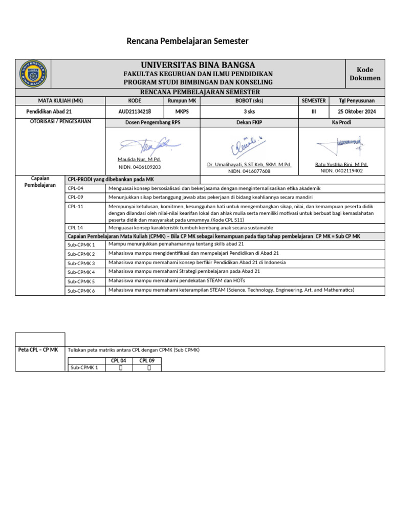 RPS MK Pendidikan Abad 21 | PDF