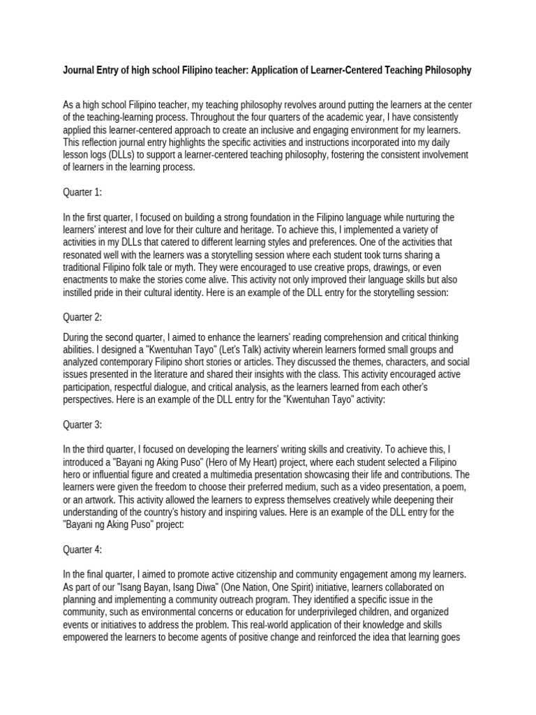Journal Entry of High School Filipino Teacher | PDF | Learning ...