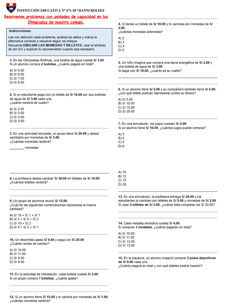 Ficha de Mat. Equivalencia y Cambio de Monedas y Billetes | PDF
