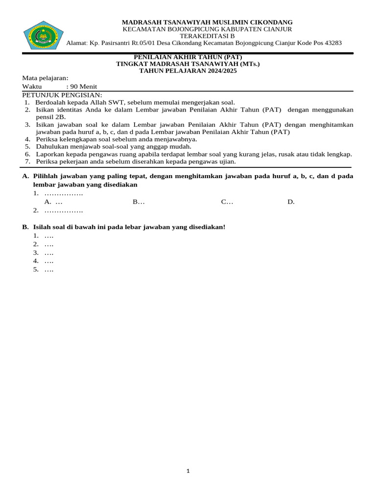 Format Soal Pat Mts 2025 | PDF