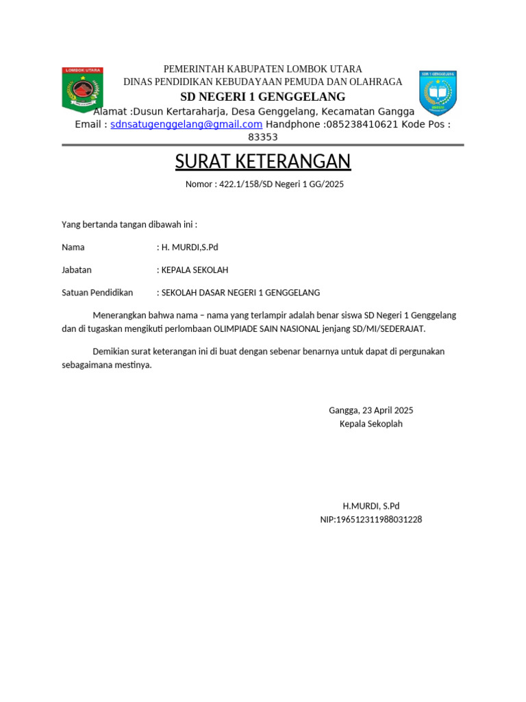 Surat Keterngan Kpl Sekolah | PDF